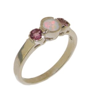 LetsBuyGold 925 Sterling Silver Natural Opal & Pink Tourmaline Womens Trilogy Ring - Size 9.5