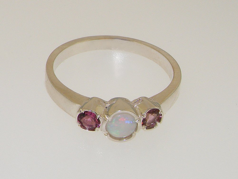 LetsBuyGold 925 Sterling Silver Natural Opal & Pink Tourmaline Womens Trilogy Ring - Size 9.5