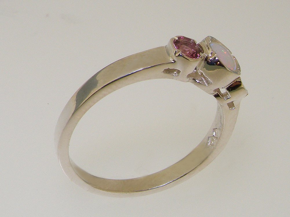 LetsBuyGold 925 Sterling Silver Natural Opal & Pink Tourmaline Womens Trilogy Ring - Size 9.5