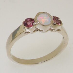 LetsBuyGold 925 Sterling Silver Natural Opal & Pink Tourmaline Womens Trilogy Ring - Size 9.5