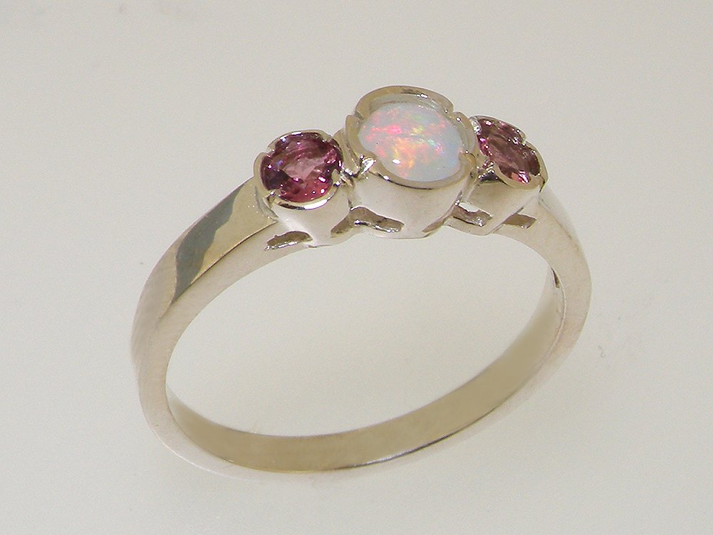 LetsBuyGold 925 Sterling Silver Natural Opal & Pink Tourmaline Womens Trilogy Ring - Size 9.5