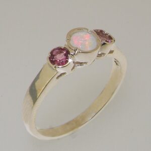 LetsBuyGold 925 Sterling Silver Natural Opal & Pink Tourmaline Womens Trilogy Ring - Size 9.5