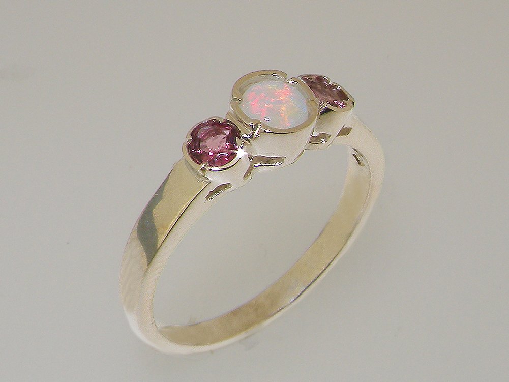 LetsBuyGold 925 Sterling Silver Natural Opal & Pink Tourmaline Womens Trilogy Ring - Size 9.5