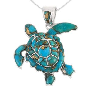 turtle pendant necklace 925 sterling silver genuine gemstones (teal/matrix turquoise)