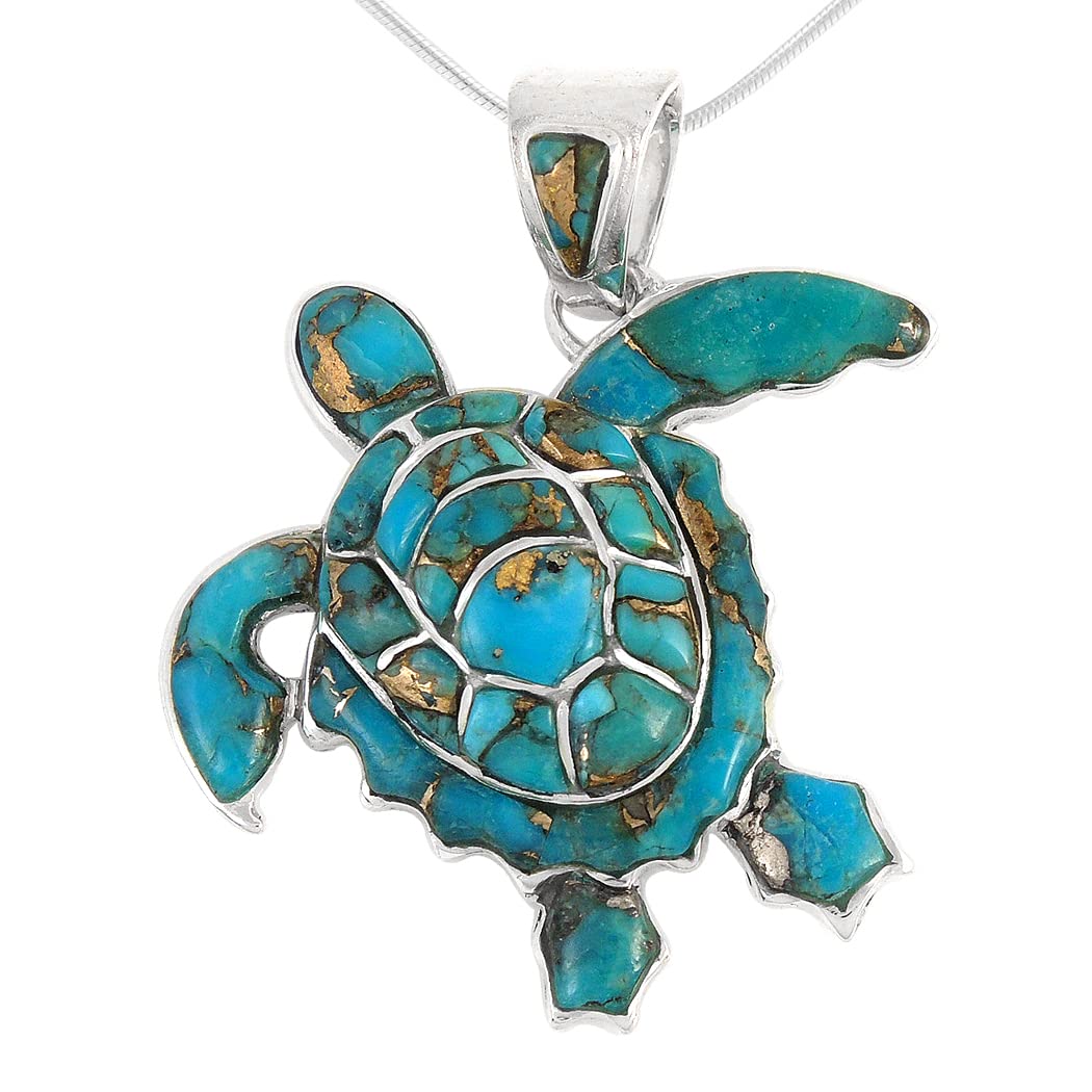 Turtle Pendant Necklace 925 Sterling Silver Genuine Gemstones (Teal/Matrix Turquoise)