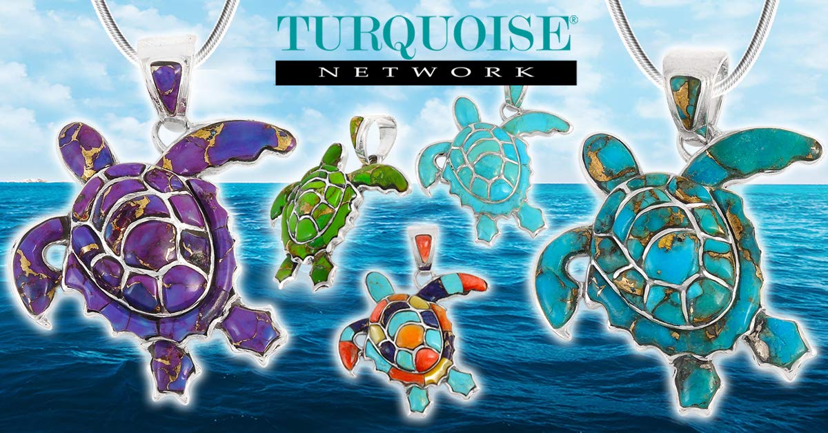 Turtle Pendant Necklace 925 Sterling Silver Genuine Gemstones (Teal/Matrix Turquoise)