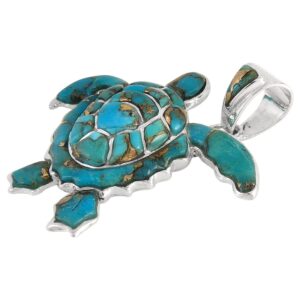 Turtle Pendant Necklace 925 Sterling Silver Genuine Gemstones (Teal/Matrix Turquoise)