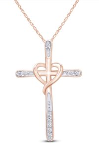 jewel zone us white natural diamond cross heart pendant in 10k rose gold (1/20 cttw)