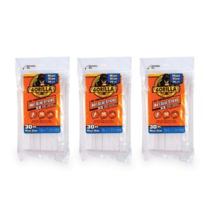 gorilla hot glue sticks, mini size, 4" long x .27" diameter, 30 count, clear, (pack of 3)