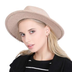 Lanzom Women Lady Felt Fedora Hat Wide Brim Wool Panama Hats with Band Fit Size 6 8/7-7 1/4(E-Beige)