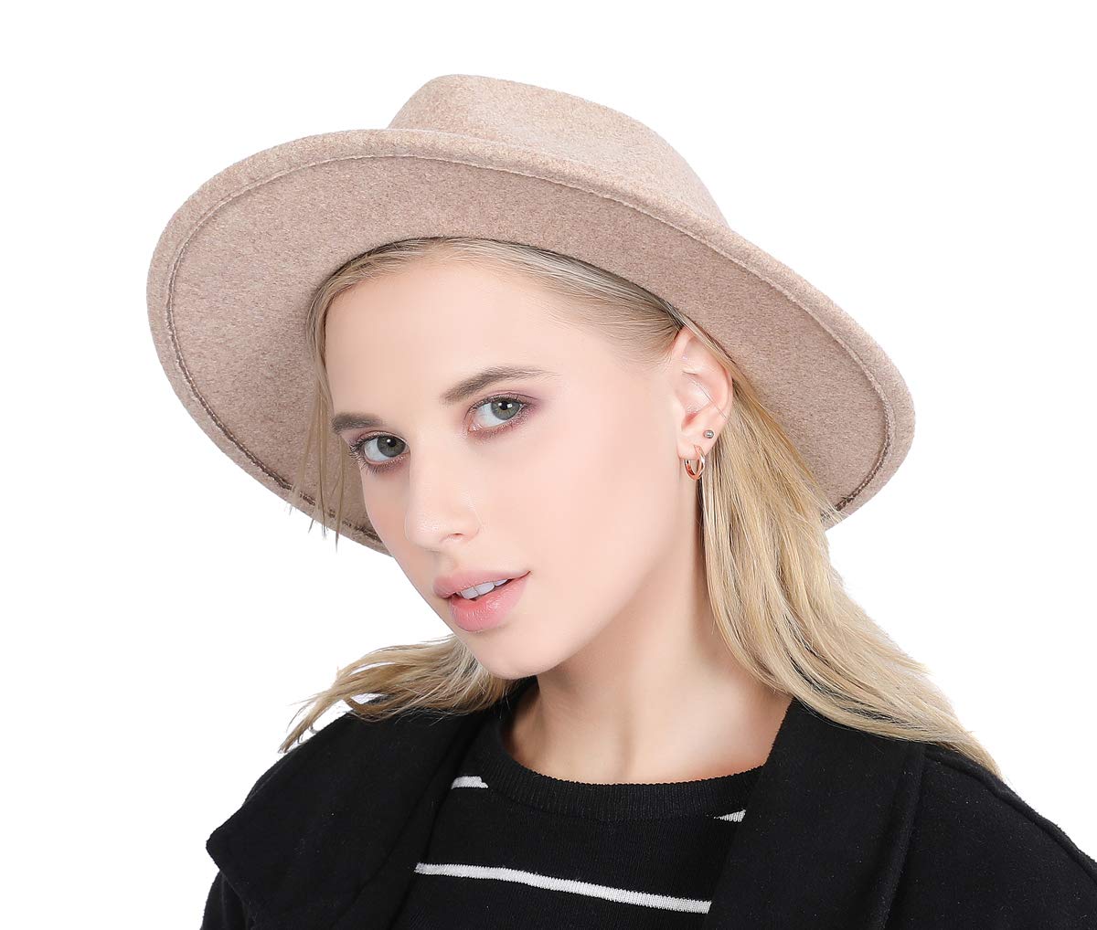 Lanzom Women Lady Felt Fedora Hat Wide Brim Wool Panama Hats with Band Fit Size 6 8/7-7 1/4(E-Beige)