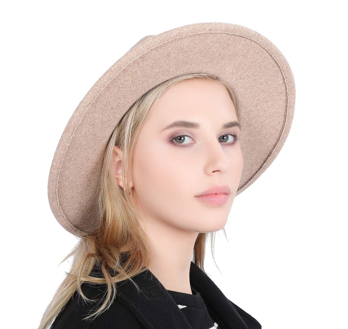 Lanzom Women Lady Felt Fedora Hat Wide Brim Wool Panama Hats with Band Fit Size 6 8/7-7 1/4(E-Beige)