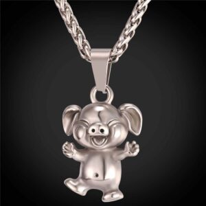 U7 Cute Piggy Pendant with 22 Inch Chain Stainless Steel Pet Pig Necklace for Women Teen