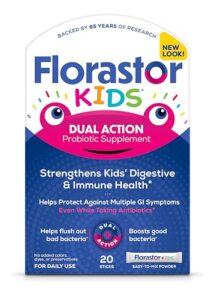 florastor kids dual action probiotic supplement, strengthens kids' digestive & immune health, 20 easy-to mix powder sticks, packaging may vary