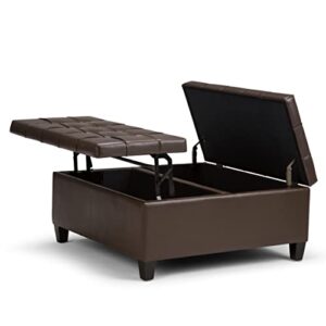 simplihome harrison 36 inch wide square coffee table lift top storage ottoman, cocktail footrest stool in upholstered chocolate brown tufted faux leather for the living room,