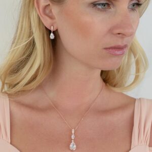 Mariell Bridal Wedding Necklace Earrings Set, Rose Gold CZ Pendant and Drop Earring for Bride, Bridesmaid