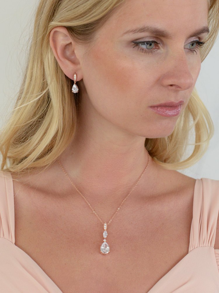 Mariell Bridal Wedding Necklace Earrings Set, Rose Gold CZ Pendant and Drop Earring for Bride, Bridesmaid