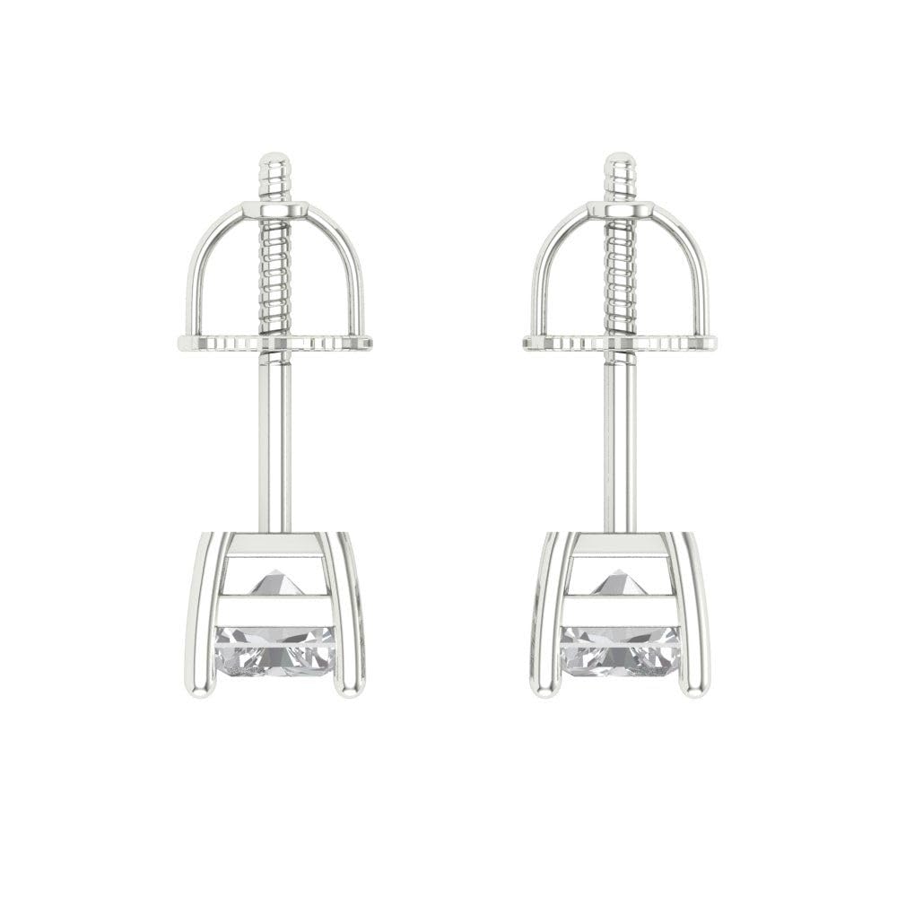 Clara Pucci 2 ct Brilliant Emerald Cut Solitaire Studs Clear Simulated Diamond 14k White Solid Gold Earrings Screw back