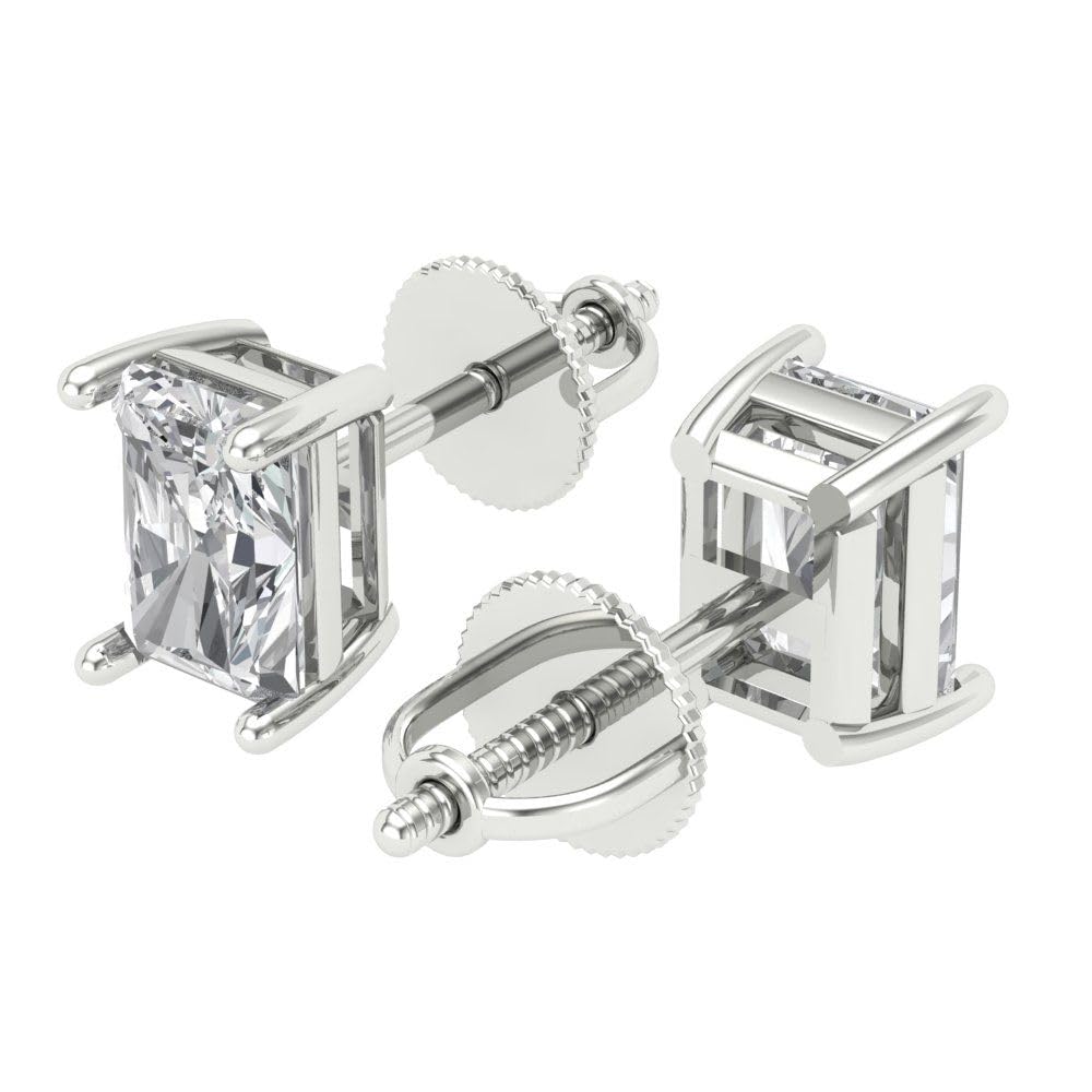 Clara Pucci 2 ct Brilliant Emerald Cut Solitaire Studs Clear Simulated Diamond 14k White Solid Gold Earrings Screw back