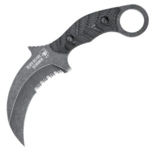 soa death before dishonor karambit and kydex sheath – 3cr13 stainless steel blade, stonewashed, partially serrated, micarta handle scales, open ring pommel, must-have discreet self-defense – length 9”