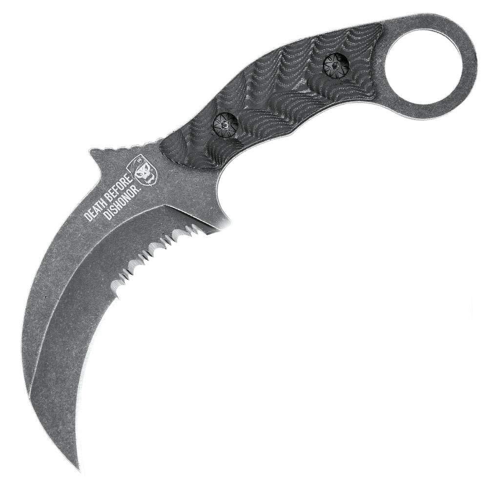 SOA Death Before Dishonor Karambit and Kydex Sheath – 3Cr13 Stainless Steel Blade, Stonewashed, Partially Serrated, Micarta Handle Scales, Open Ring Pommel, Must-Have Discreet Self-Defense – Length 9”