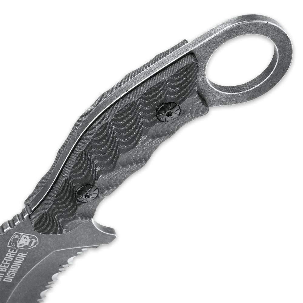 SOA Death Before Dishonor Karambit and Kydex Sheath – 3Cr13 Stainless Steel Blade, Stonewashed, Partially Serrated, Micarta Handle Scales, Open Ring Pommel, Must-Have Discreet Self-Defense – Length 9”