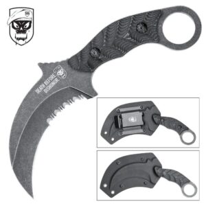 SOA Death Before Dishonor Karambit and Kydex Sheath – 3Cr13 Stainless Steel Blade, Stonewashed, Partially Serrated, Micarta Handle Scales, Open Ring Pommel, Must-Have Discreet Self-Defense – Length 9”