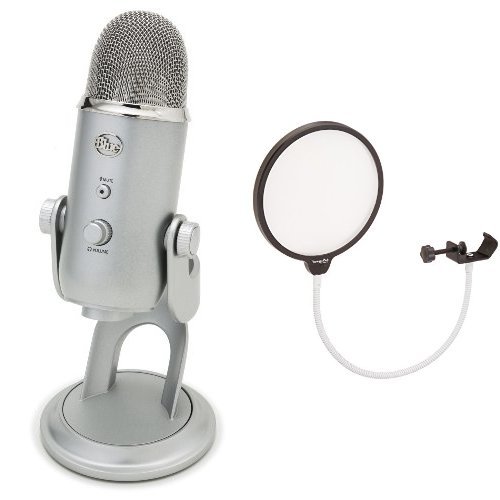 Blue Yeti USB Microphone (Silver) with Dragonpad USA Pop Filter