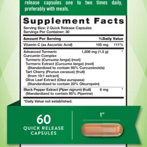 Nature's Truth Turmeric Curcumin 1500 mg | 60 Capsules | with Black Pepper Extract, Olive Leaf & Tart Cherry | Non-GMO, Gluten Free Supplement