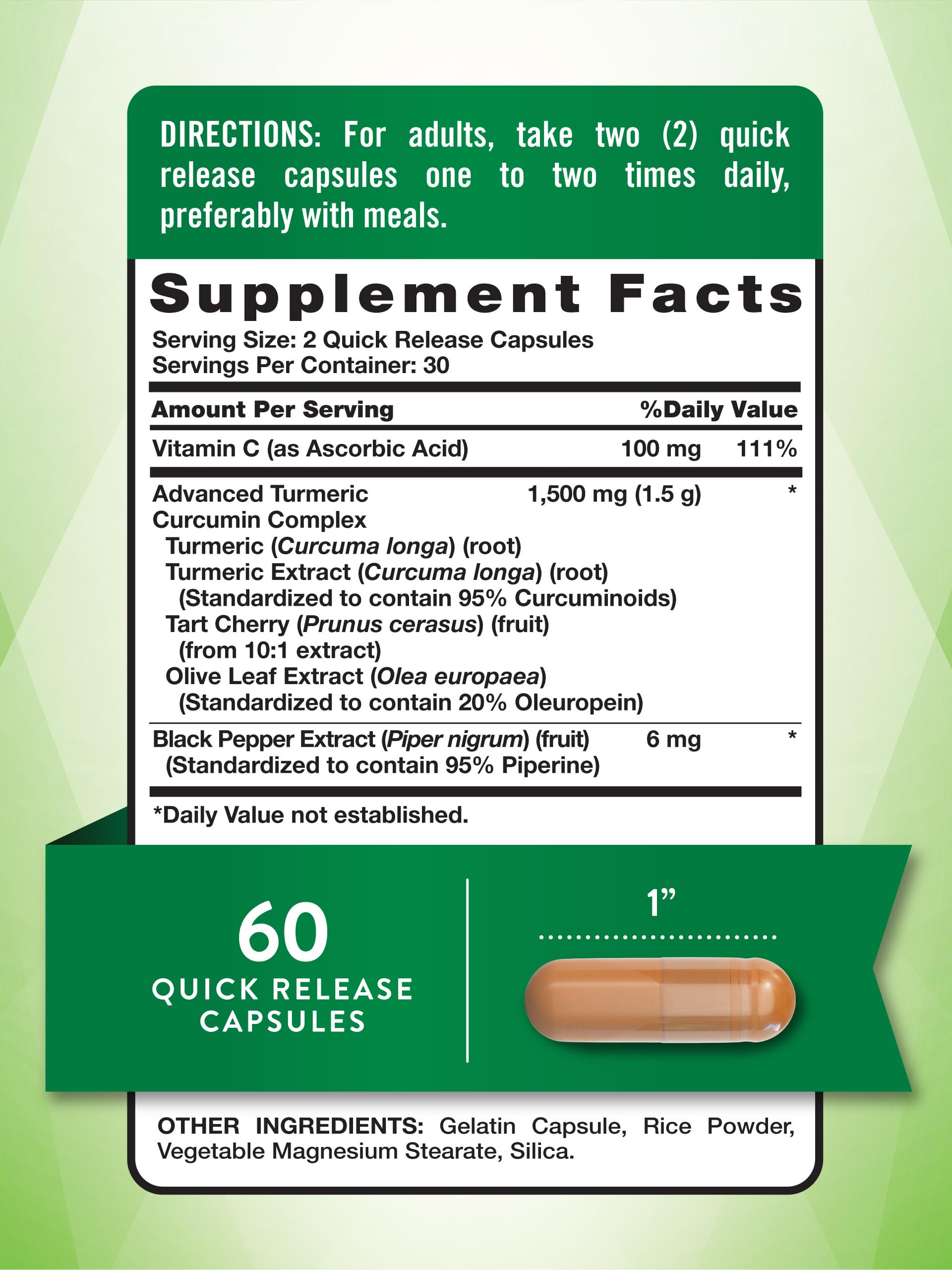 Nature's Truth Turmeric Curcumin 1500 mg | 60 Capsules | with Black Pepper Extract, Olive Leaf & Tart Cherry | Non-GMO, Gluten Free Supplement