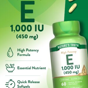 Nature's Truth Vitamin E Softgels | 1000 IU | 60 Count | Non-GMO & Gluten Free Supplement