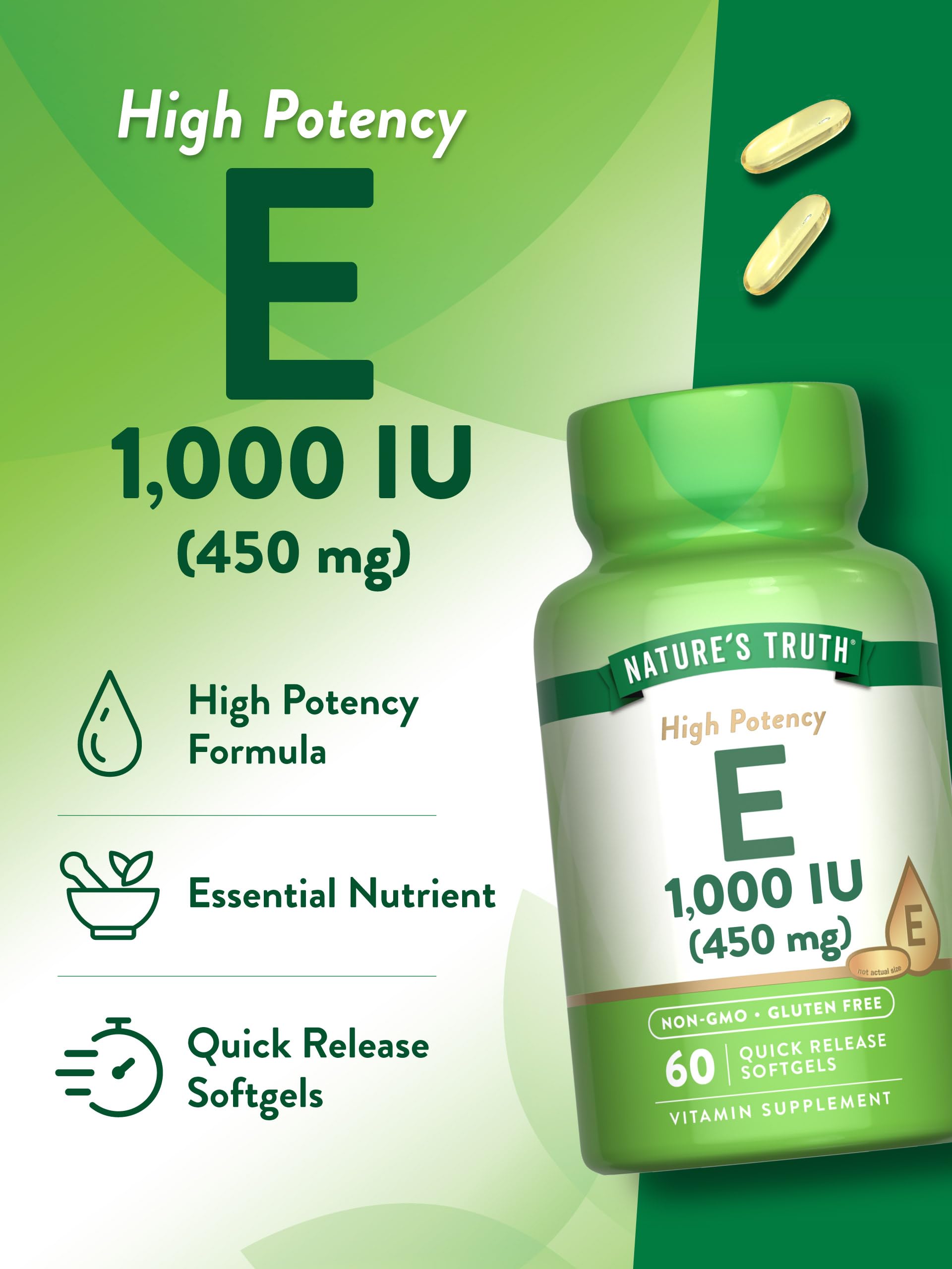 Nature's Truth Vitamin E Softgels | 1000 IU | 60 Count | Non-GMO & Gluten Free Supplement