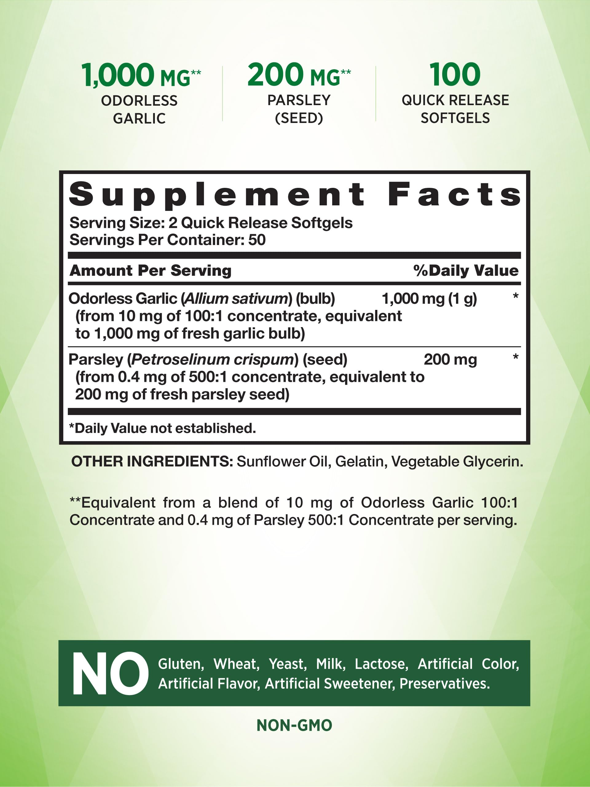 Nature's Truth Odorless Garlic and Parsley | 1200mg | 100 Softgel Capsules | Non-GMO & Gluten Free Extract Supplement