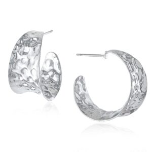 amazon essentials fine silver plated 25mm x 13.7mm medium hammered post hoop earrings (previously amazon collection)