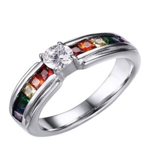 JAJAFOOK 316L Stainless Steel LGBT Gay& Lesbian Pride Rainbow CZ Cubic Zirconia Wedding Engagement Rings