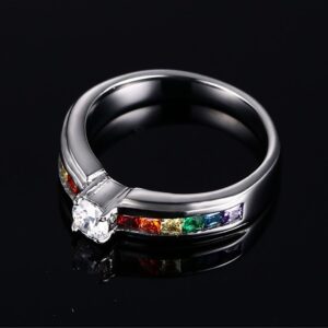 JAJAFOOK 316L Stainless Steel LGBT Gay& Lesbian Pride Rainbow CZ Cubic Zirconia Wedding Engagement Rings