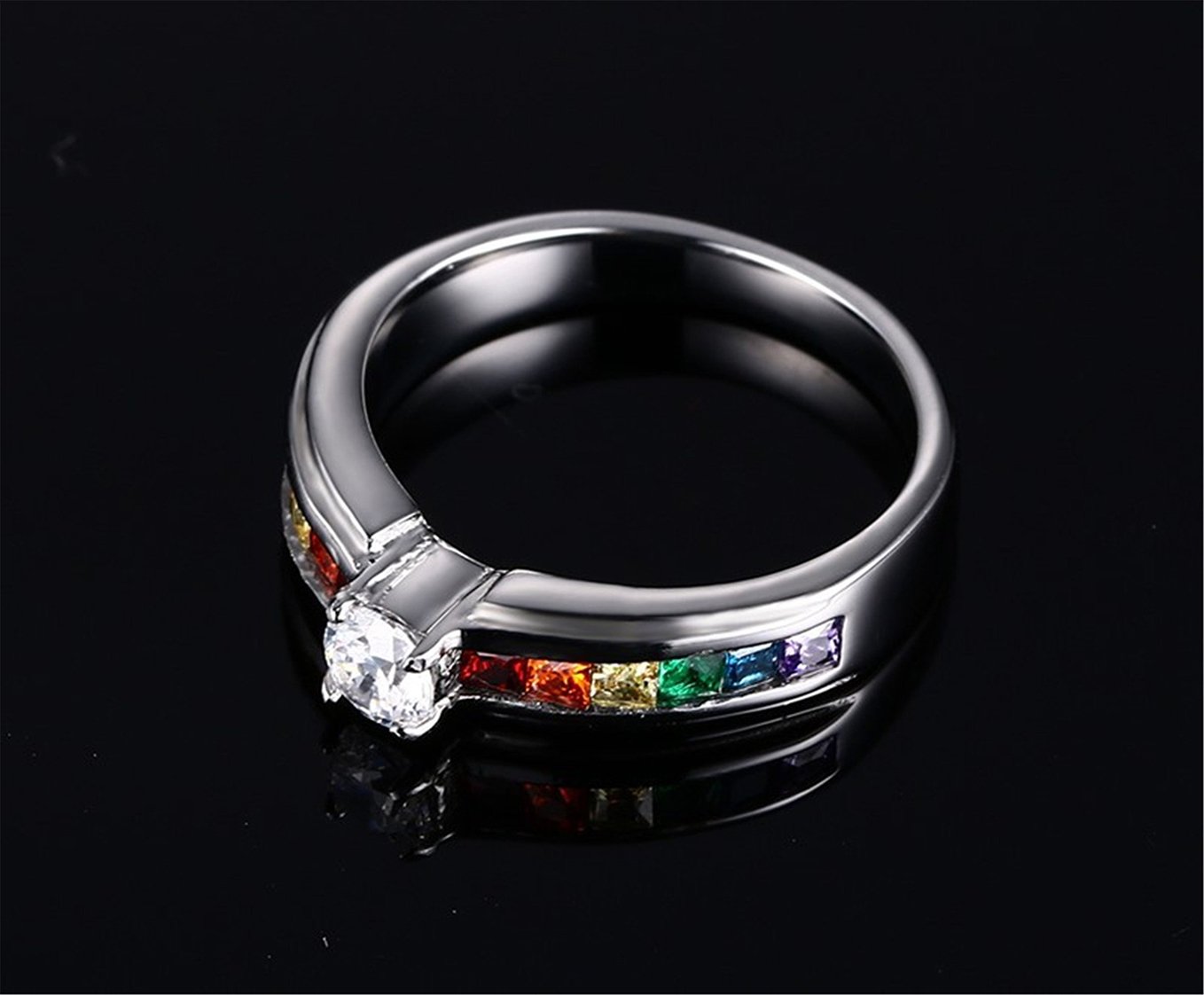 JAJAFOOK 316L Stainless Steel LGBT Gay& Lesbian Pride Rainbow CZ Cubic Zirconia Wedding Engagement Rings