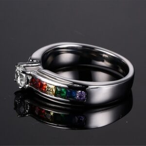 JAJAFOOK 316L Stainless Steel LGBT Gay& Lesbian Pride Rainbow CZ Cubic Zirconia Wedding Engagement Rings