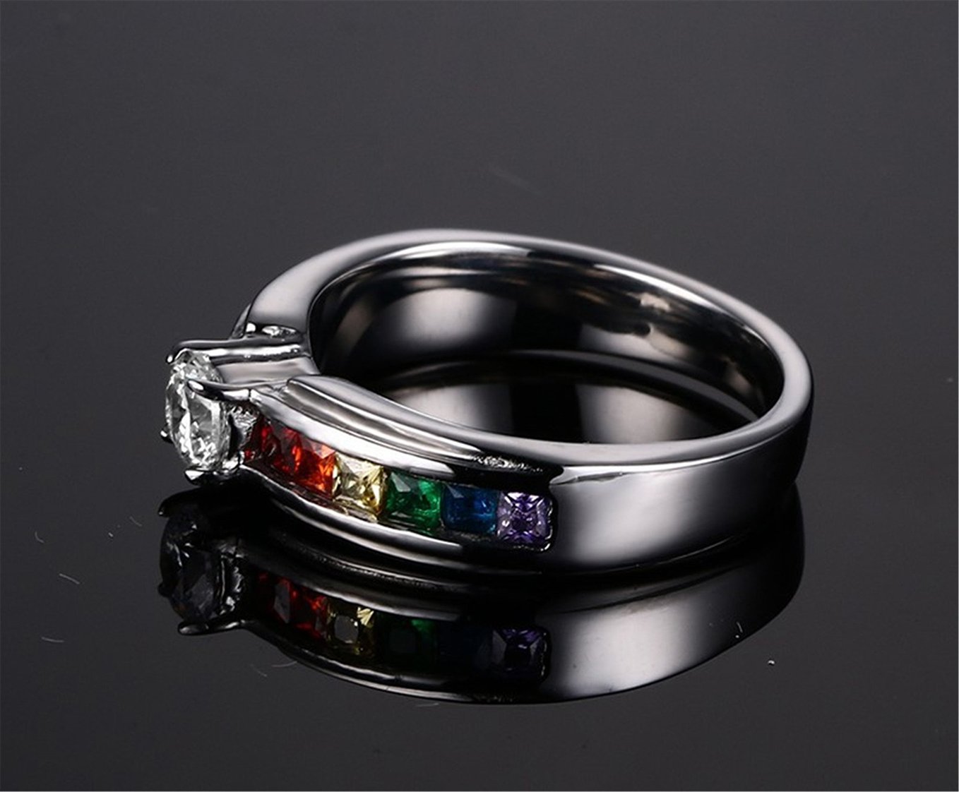 JAJAFOOK 316L Stainless Steel LGBT Gay& Lesbian Pride Rainbow CZ Cubic Zirconia Wedding Engagement Rings