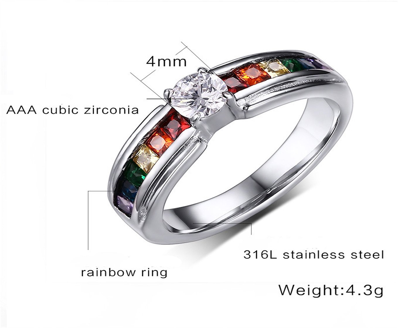 JAJAFOOK 316L Stainless Steel LGBT Gay& Lesbian Pride Rainbow CZ Cubic Zirconia Wedding Engagement Rings