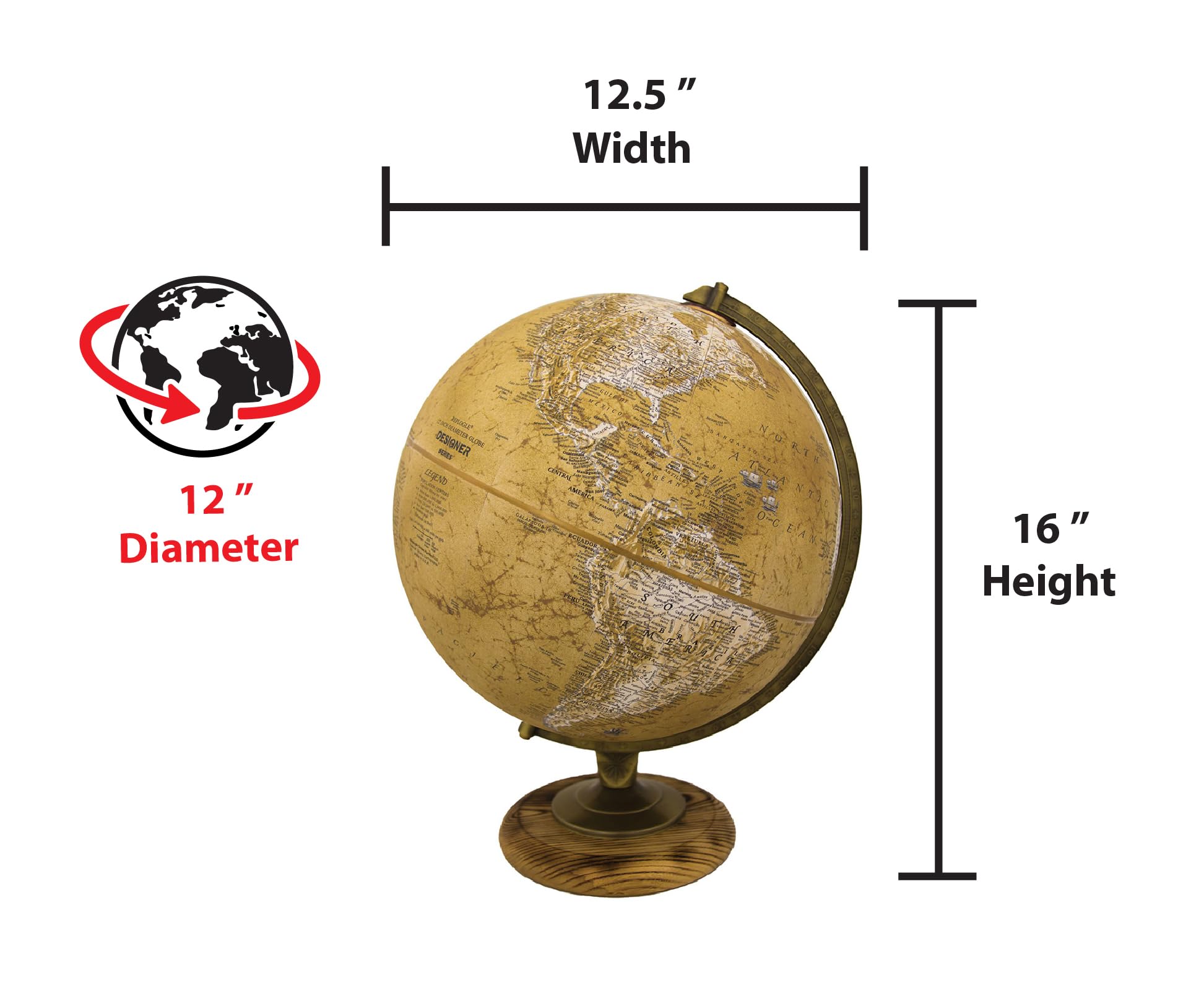 Replogle Morgan – Designer Series Globe, Old World Style Globe, Raised Relief, Charred Hardwood Base, Antique brass plated Semi-Meridian, Velvety texture ball (12"/30 cm diameter)