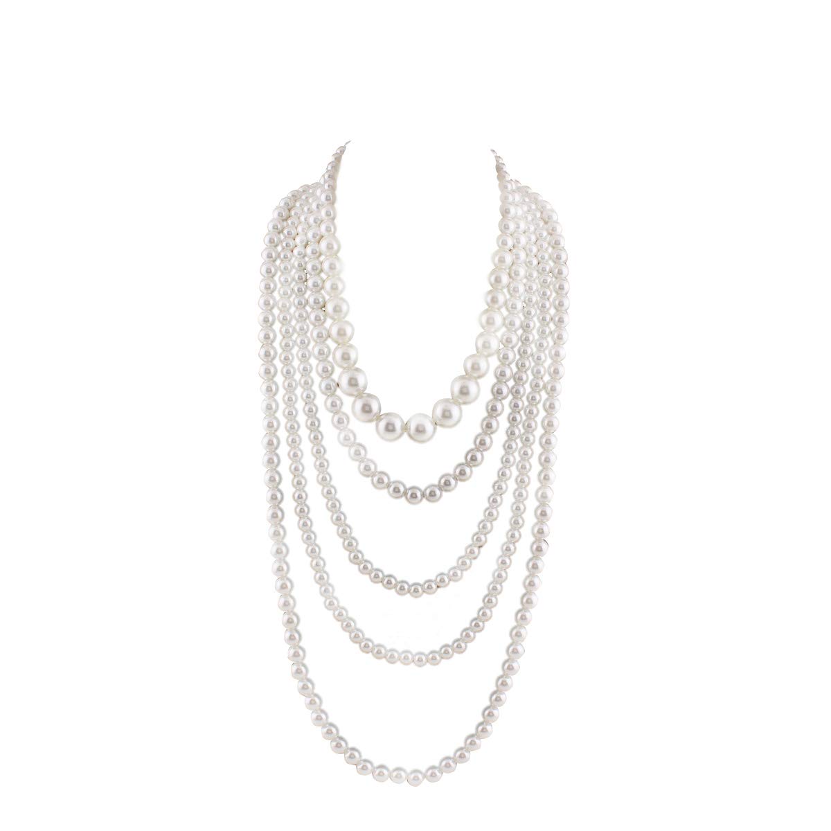 GRACE JUN Multilayer Strand Chain White Faux Pearls Flapper Beads Cluster Long Choker Necklace(White)