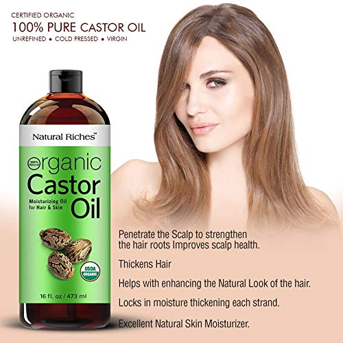 Natural Riches Organic Castor Oil Cold pressed USDA certified for Dry Skin Hair Loss Dandruff Thicker Hair - Moisturizes Skin Helps Hair growth Thicker Eyelashes Eyebrows Hexane free16 fl. oz.