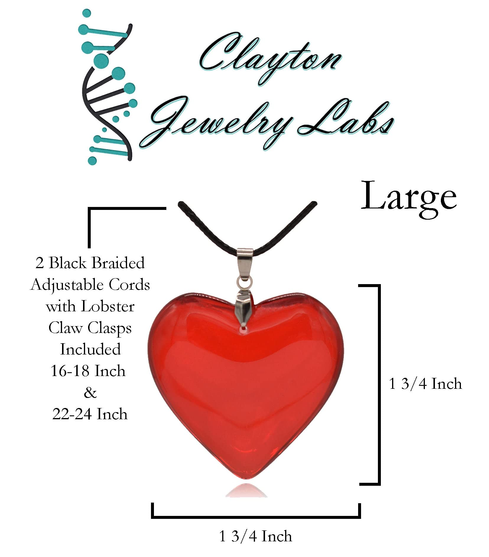 Clayton Jewelry Labs Large Red Semi-Transparent Solid Glass Heart Pendant Necklace (Large Red)