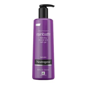 neutrogena rainbath restoring shower and bath gel moisturizing body wash and shaving gel with clean rinsing lather and scent, fresh plum, floral, 16 fl oz