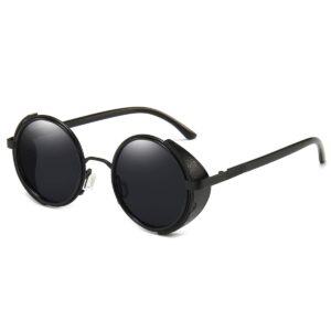 dollger steampunk vintage retro round sunglasses metal circle frame (black lens+black frame,100% uv protection lens)