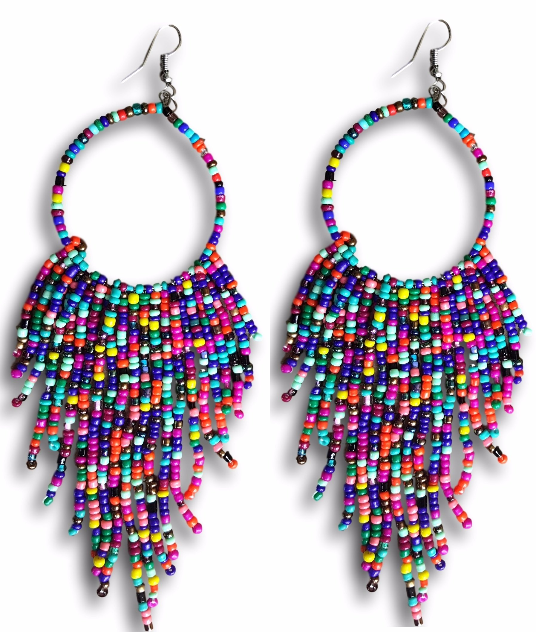 Tribal Dangle Fringe Tassel Bead & Hoop Earrings Native American Style by BOGZON (Multi Color)