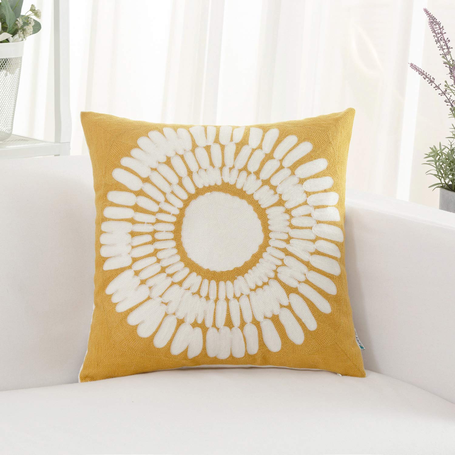 HWY 50 Decorative Couch Throw Pillow Covers 18x18 Inch Embroidered Farmhouse Accent Cotton Throw Pillow Cases Cushion Cover for Bed Living Room 1 Piece Big Sunflower Mustard Yellow