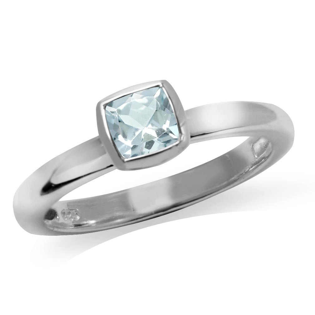 Silvershake Genuine Cushion Cut Blue Aquamarine 925 Sterling Silver Stack Stackable Solitaire Ring Size 8