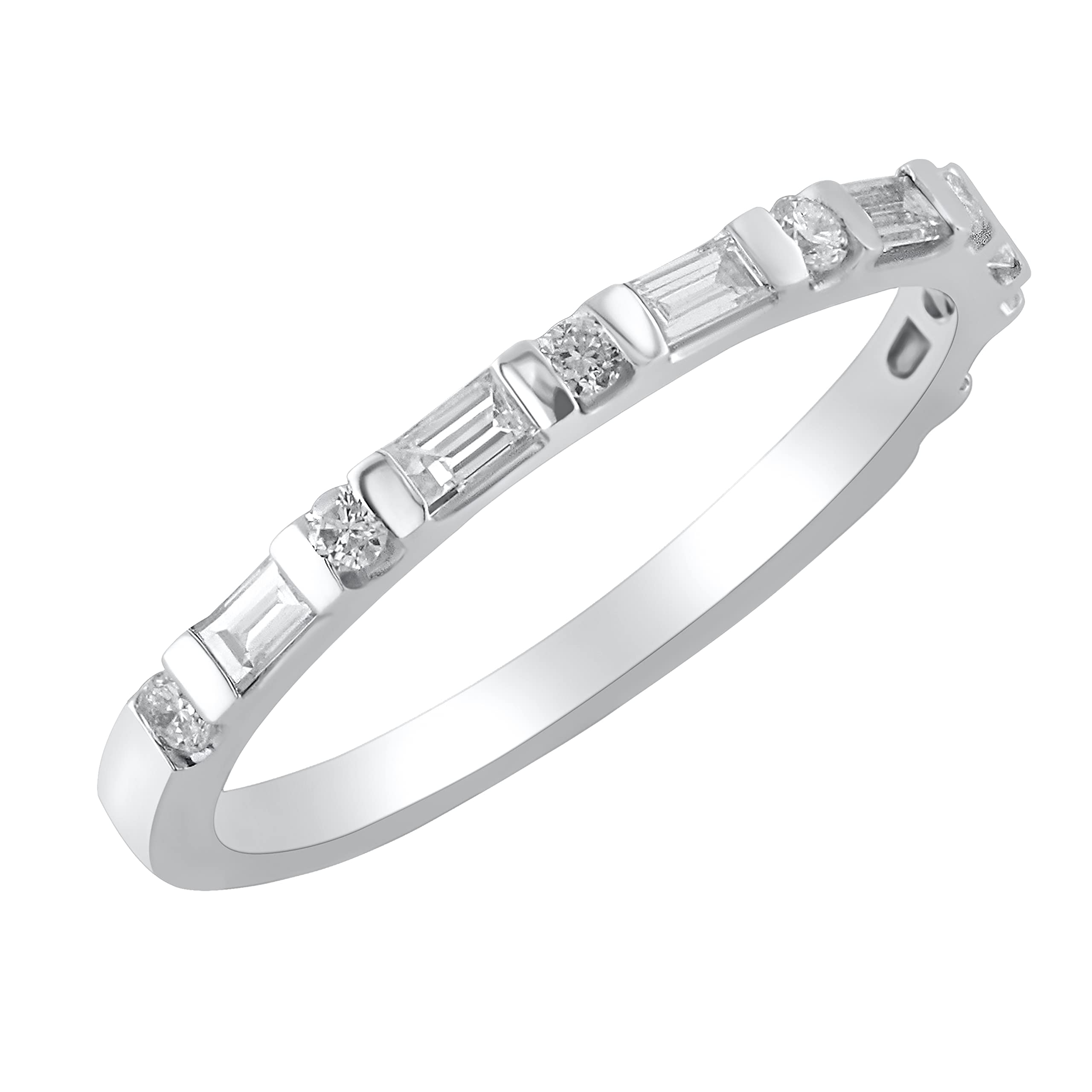 Dazzlingrock Collection 0.33 Carat (ctw) Round & Baguette White Diamond Anniversary Delicate Timeless Bar Style Matching Wedding Band for Her 1/3 CT | 14K White Gold, Size 4.5